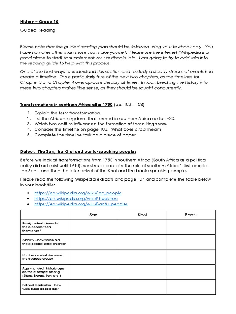 Grade 10 History Guided Reading Chapter 4 Transformations in Southern ...