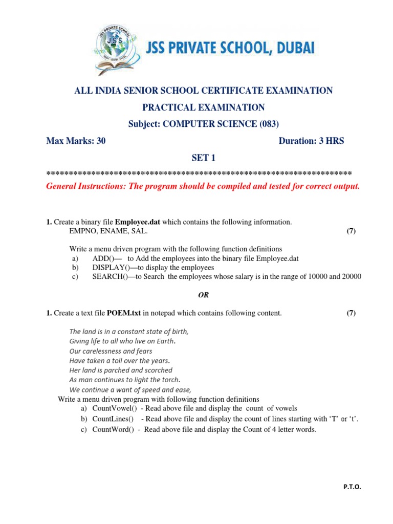 GR 12 CS CBSE Practical QP (083) F | PDF