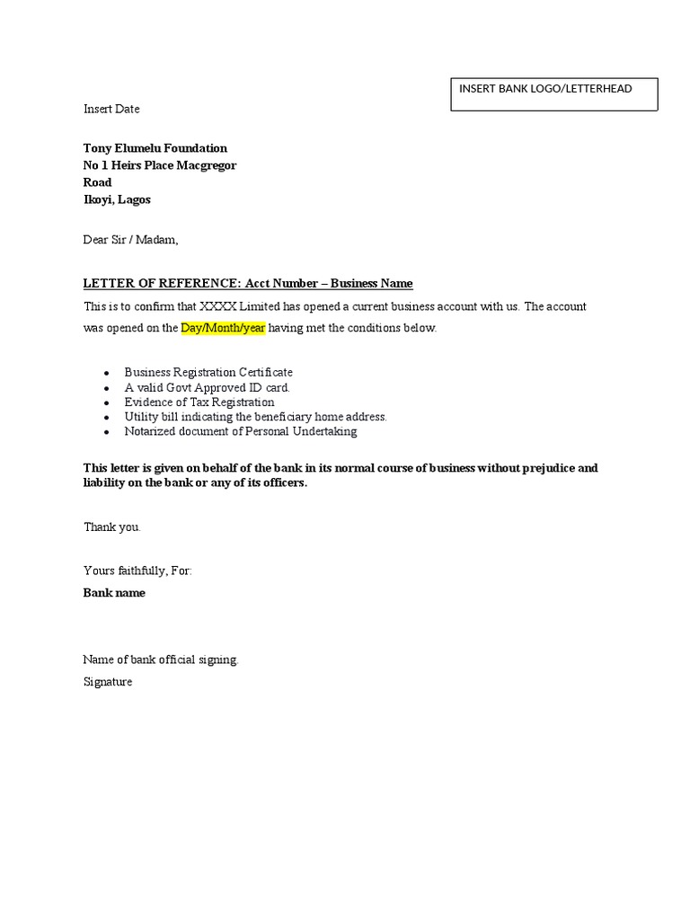 2023 Bank Reference Letter Template | PDF