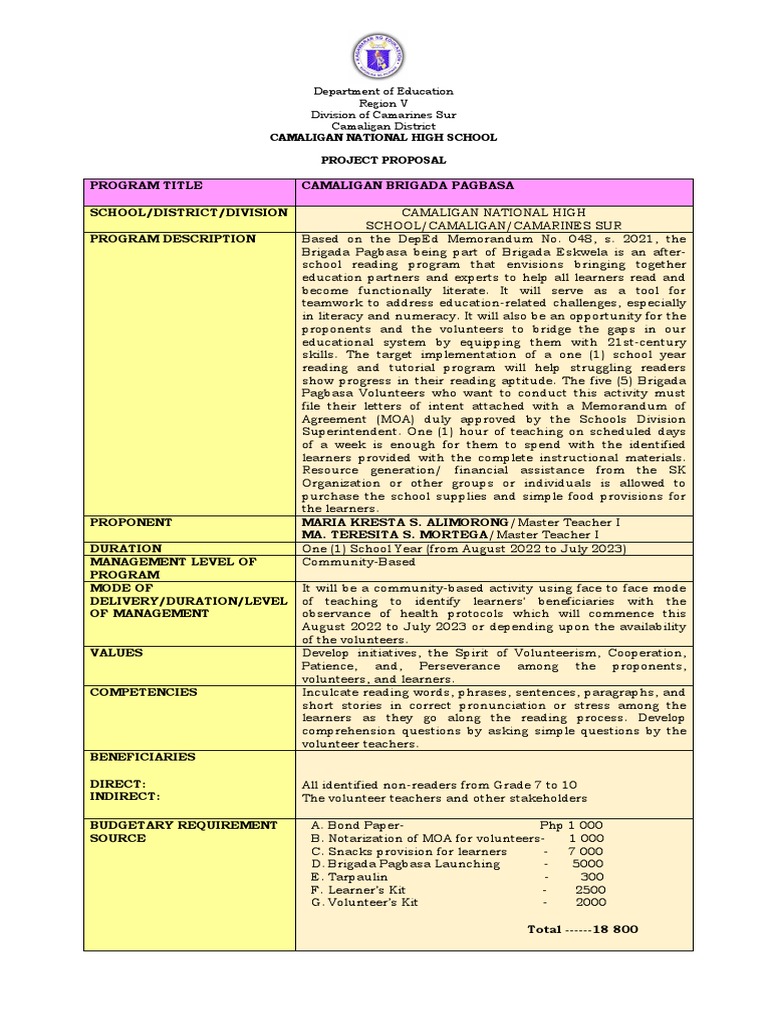 Project Proposal Brigada Pagbasa | PDF | Literacy | Learning