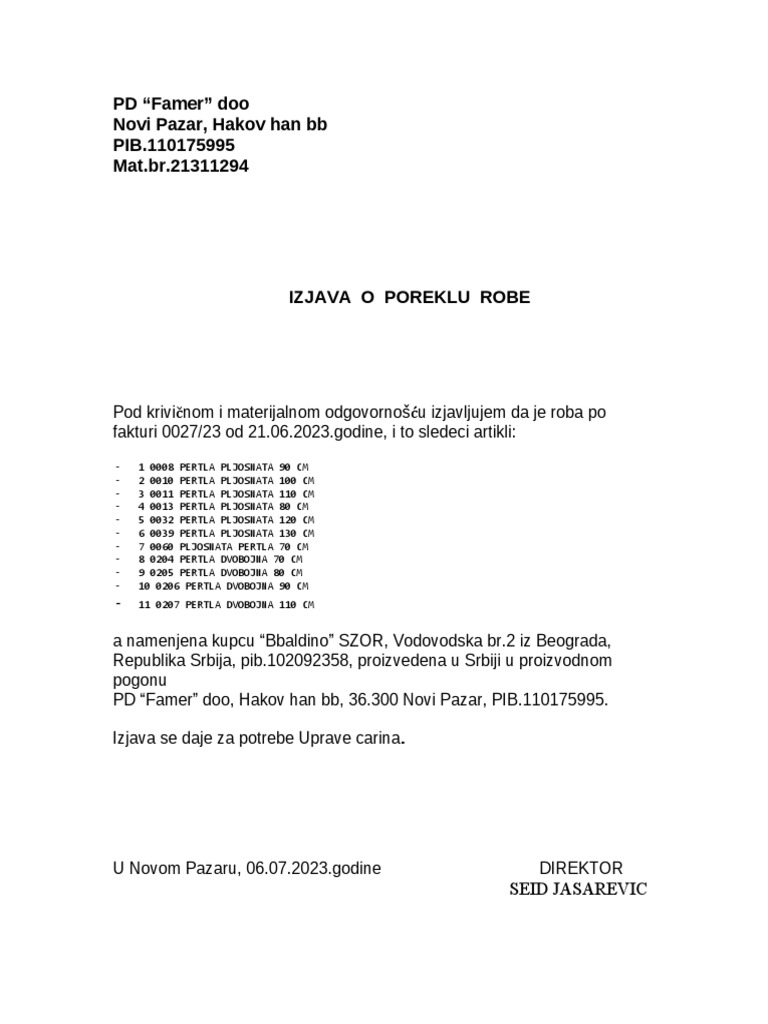 IZJAVA O POREKLU Za Faktur 0003 23 (2270) | PDF