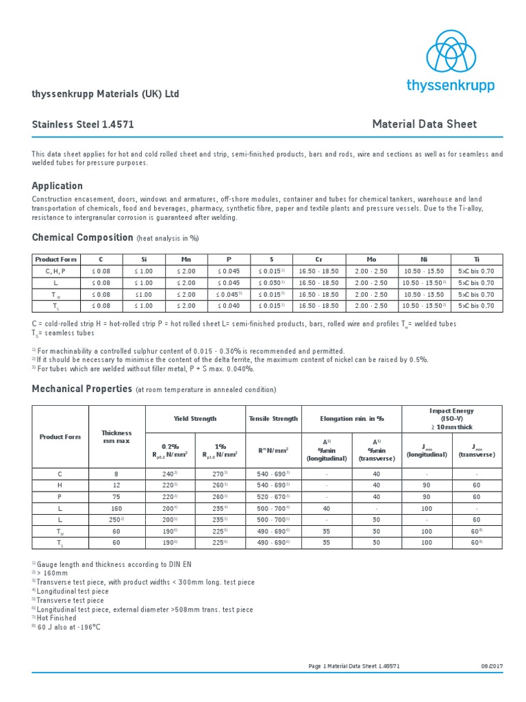 Stainless Steel 1.4571 Data Sheet | PDF | Construction | Welding