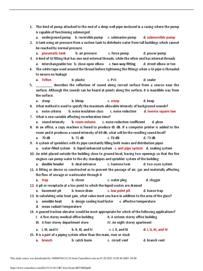 Bu Exit Exam Revised PDF | PDF | Electrical Wiring | Plumbing