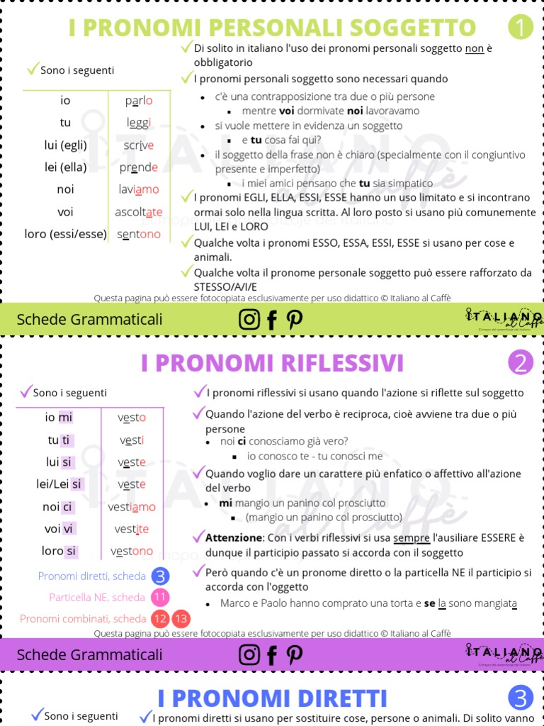 I Pronomi Italiani - Schede Grammaticali | PDF