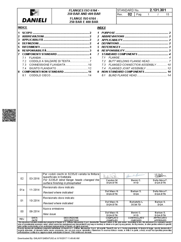 Danieli: Flange Iso 6164 - 250 BAR E 400 BAR | PDF