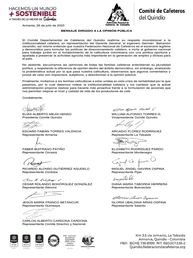 Mensaje Respaldo Gerente FNC Firmas | PDF