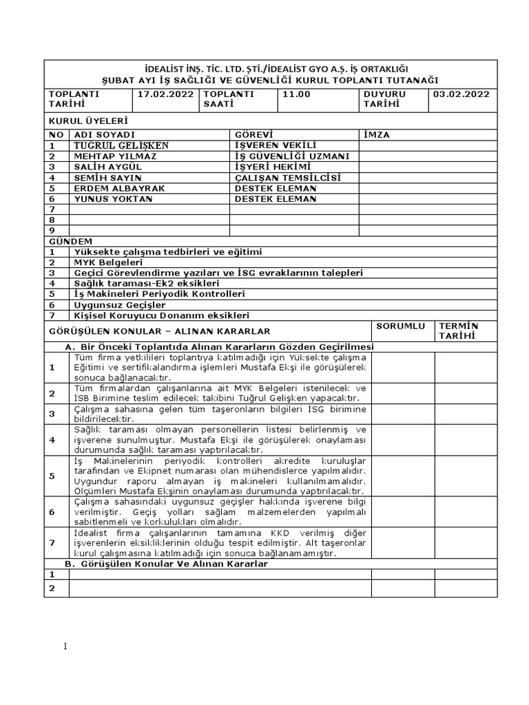 Kurul Toplanti Tutanagi | PDF