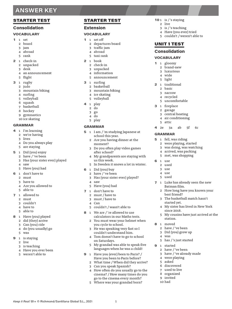 B1+ Answer Key for Unit Tests | PDF