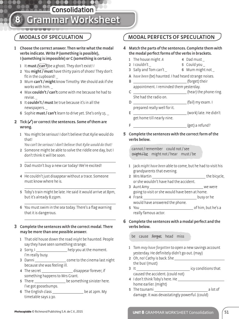 Achievers B1+ Grammar Worksheet Consolidation Unit 8 | PDF