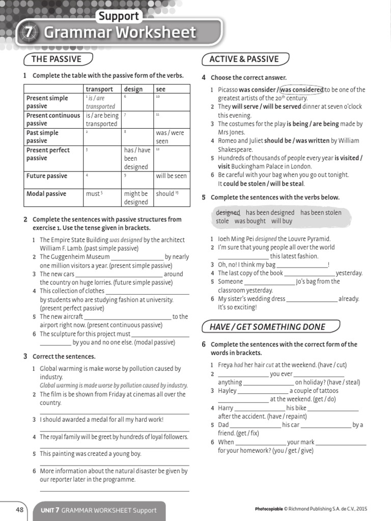 Achievers B1+ Grammar Worksheet Support Unit 7 | PDF