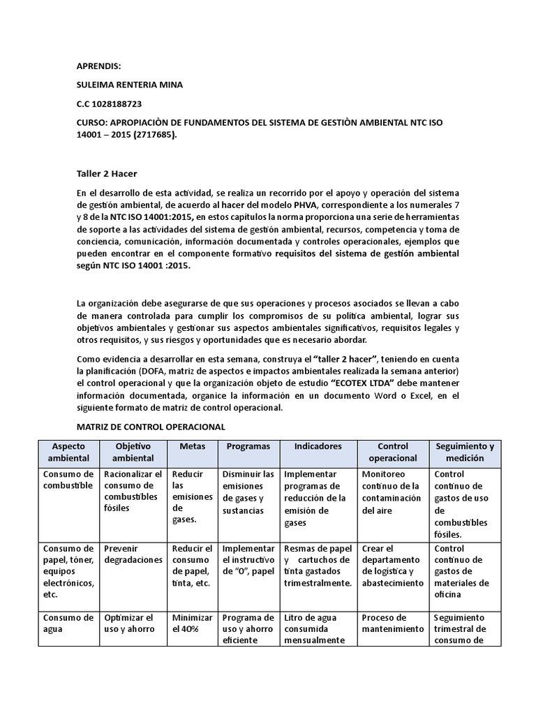 Aa2 Ev3 Taller 2 Hacer Pdf Agua Entorno Natural