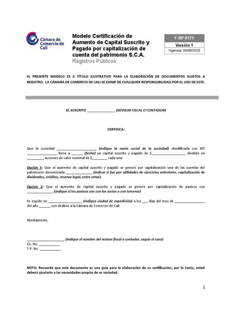 Modelo Certificación de Aumento de Capital Suscrito y Pagado Por Capitalización de Cuenta Del ...