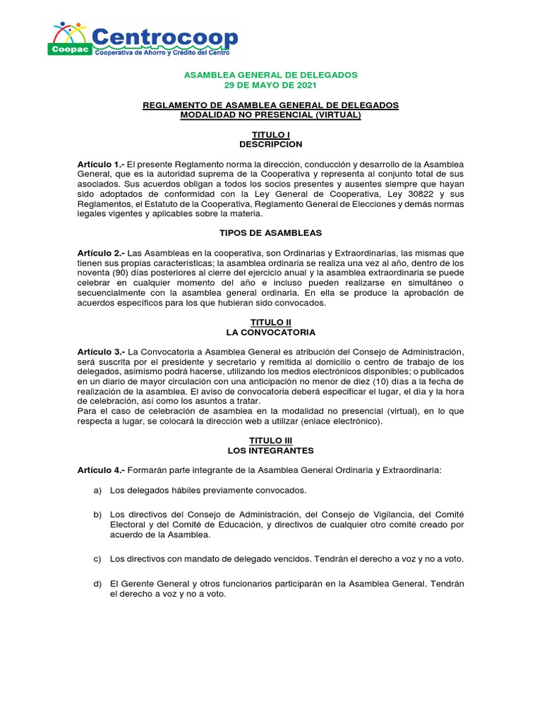 Reglamento Asamblea General Delegados | PDF | Regulación | Cooperativa