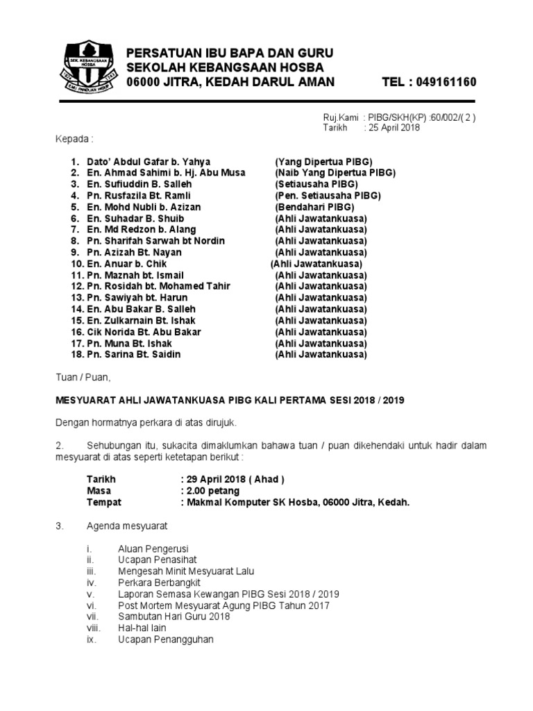 Jemputan Mesyuarat AJK PIBG Tahun 2018 | PDF
