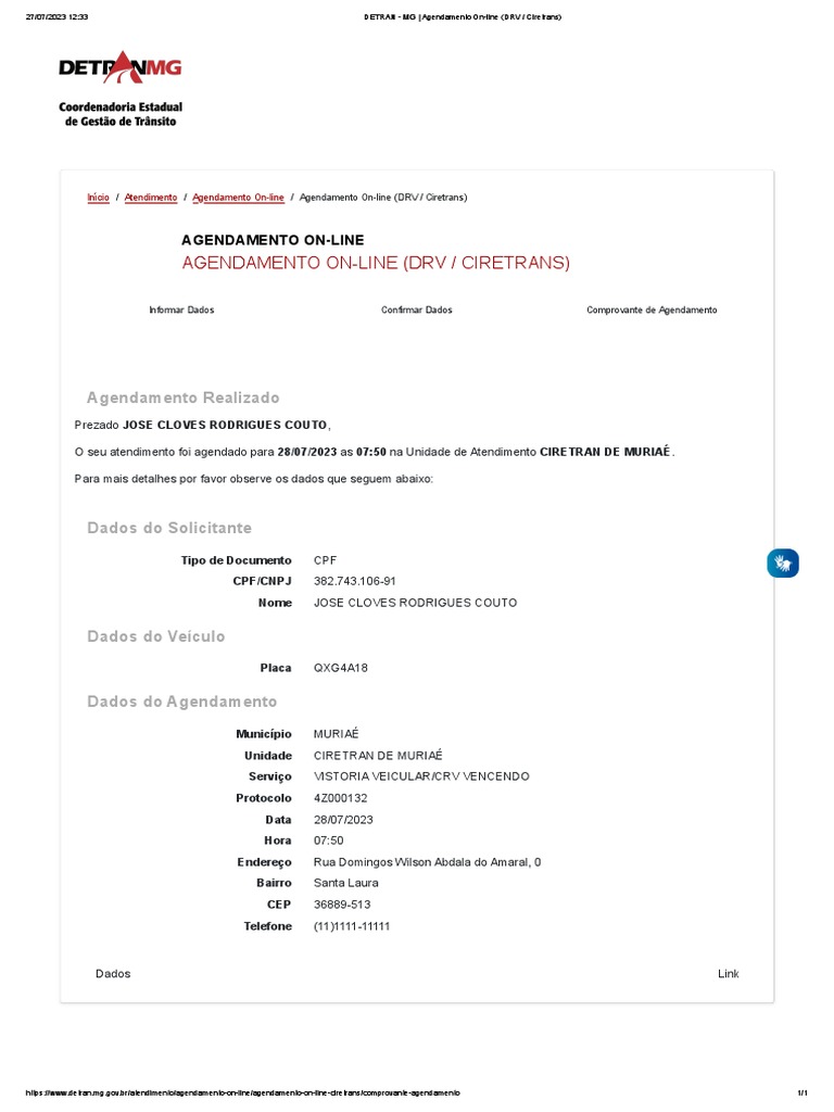 DETRAN - MG - Agendamento On-Line (DRV - Ciretrans) ZE | PDF