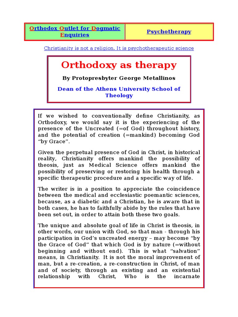 Protopresbyter George Metallinos - Orthodoxy As Therapy | PDF | Eastern ...
