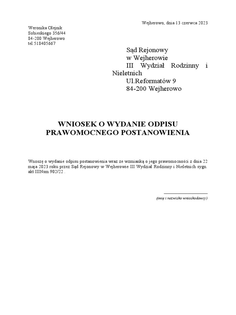 Wniosek o Wydanie Odpisu Wyroku Lub Postanowienia - Kopia | PDF