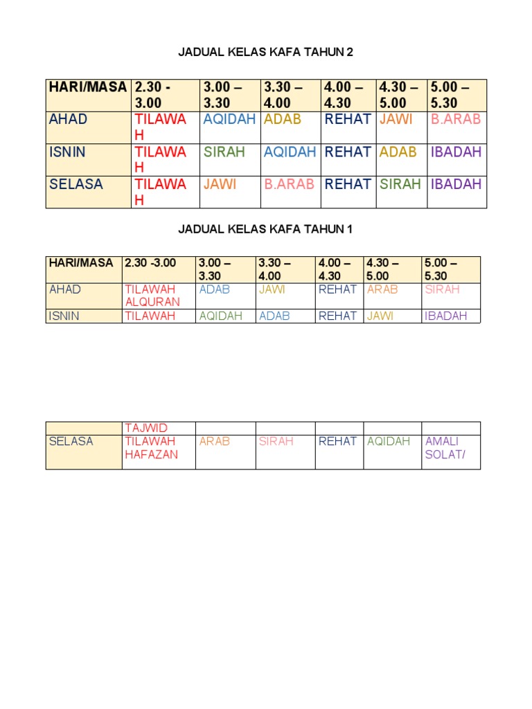 Jadual Kelas Kafa Tahun 1 Dan 2 | PDF