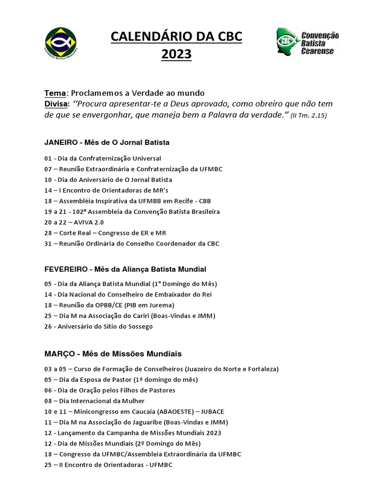 CALENDÁRIO DA CBC 2023 | PDF | Batistas | Evangelismo