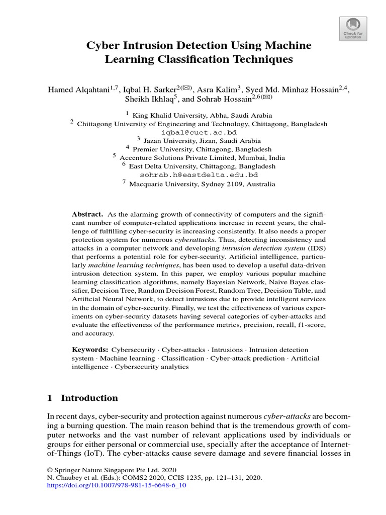Cyber Intrusion Detection Using Machine Learning Classification