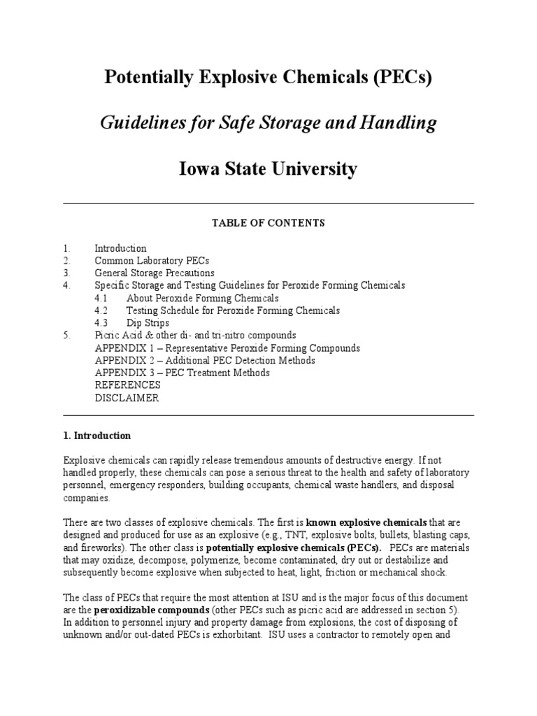 Guidelines For Safe Storage and Handling: Potentially Explosive Chemicals (Pecs) | PDF ...