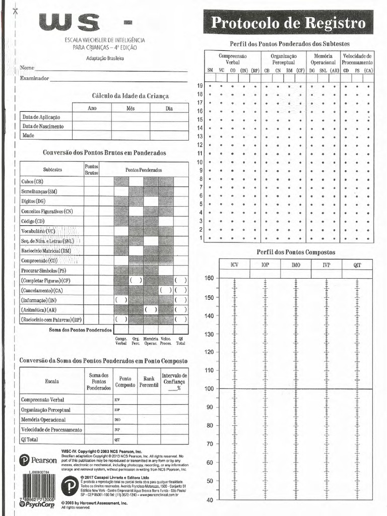 Wisc IV Protocolo de Registro Crianças | PDF