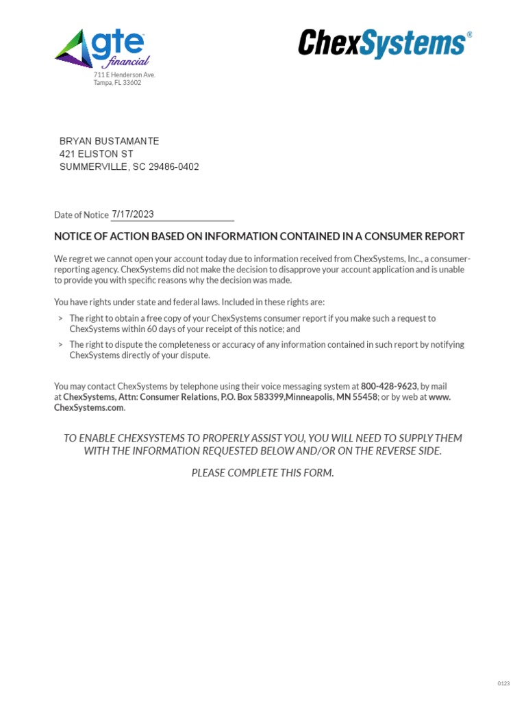 Arealdverse Action - ChexSystems For Applicant 1 | PDF