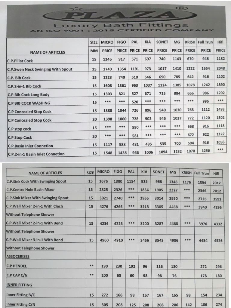 Plaza Price List, 22-23 | PDF