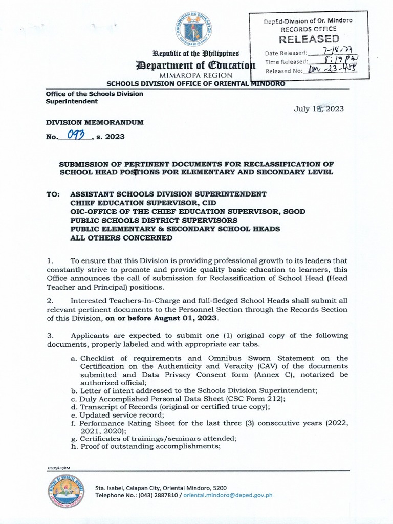 DM093 Submission of Pertinent Documents For Reclassification of School ...