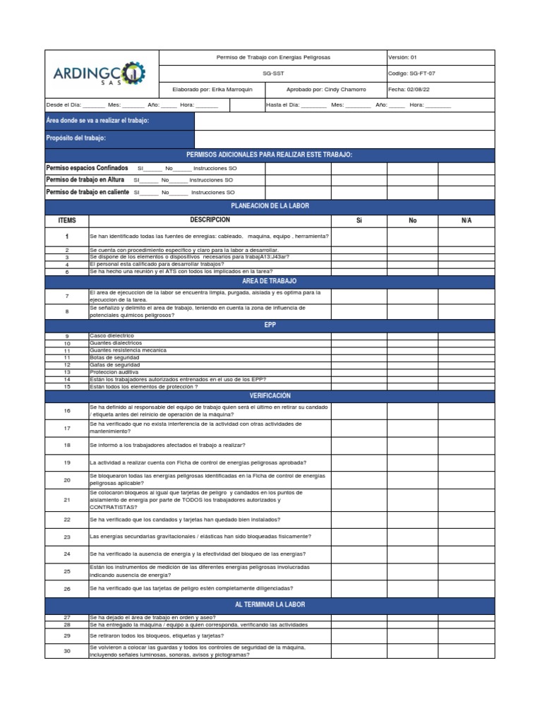 Permiso de Trabajo Energias Peligrosas | PDF