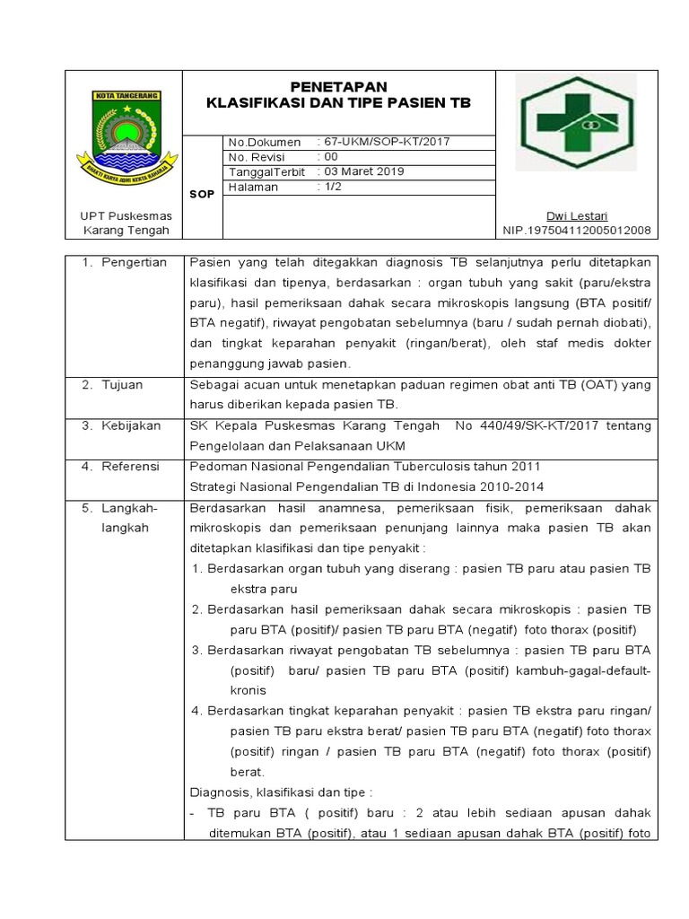 SOP Penetapan Klasifikasi Dan Tipe Pasien TB | PDF