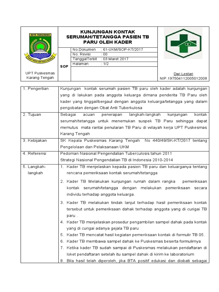 SOP Kunjungan Kontak Serumah Pasien TB Paru | PDF