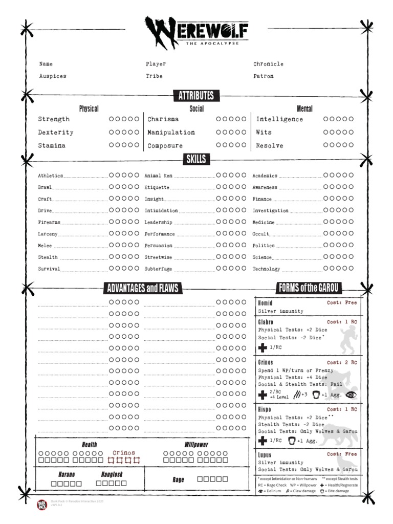 WtA5e ALL CharacterSheet | PDF