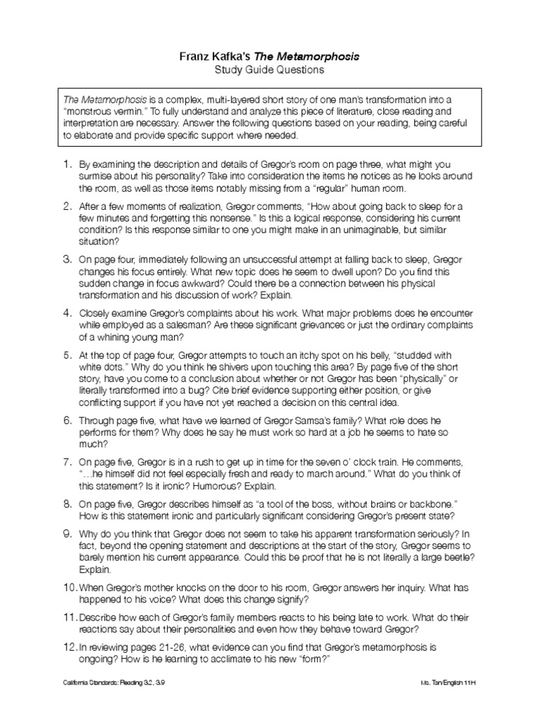 The Metamorphosis - Study Guide Questions 2015 | PDF