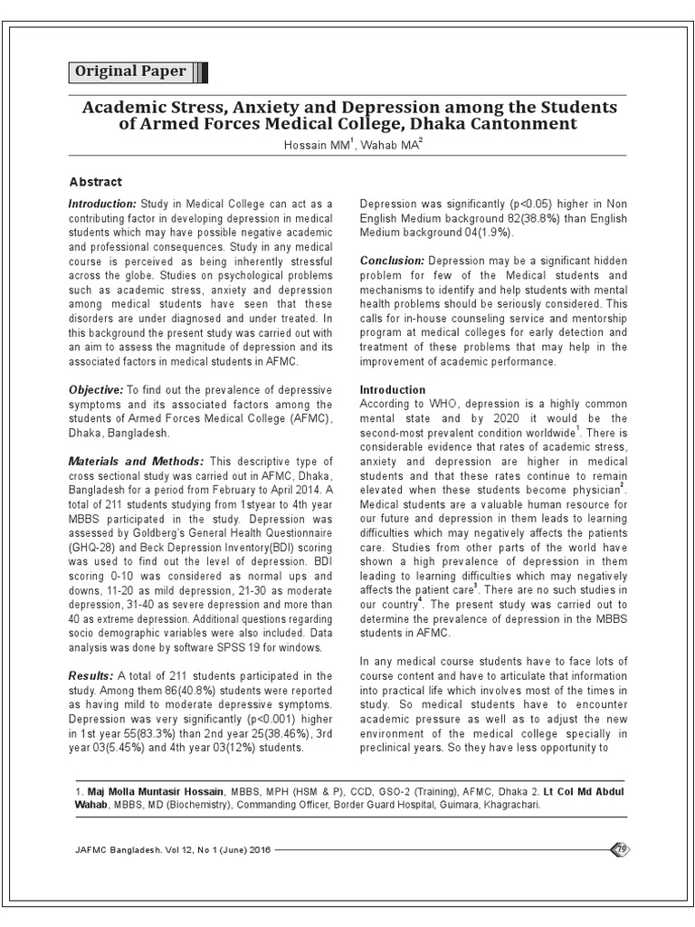 Prevalence of Depression in AFMC Students | PDF