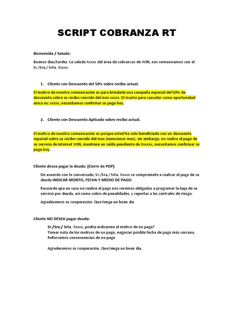 SCRIPT COBRANZA WIN RT - NUEVO | PDF