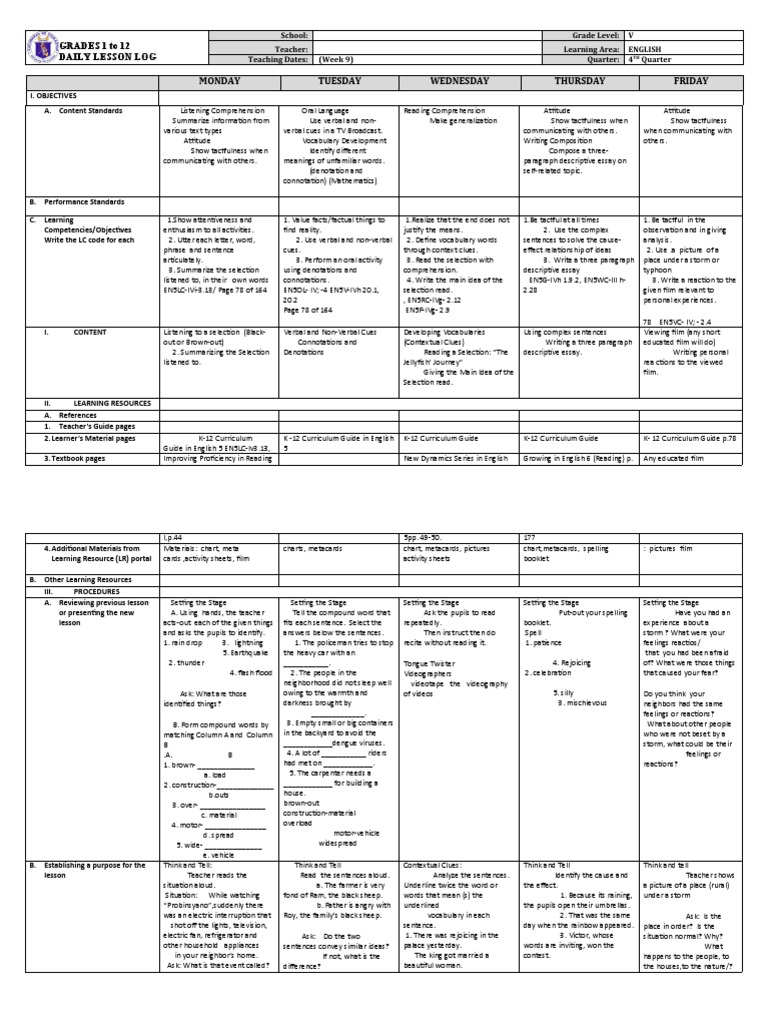 Grade 5 English DLL Week 9 Overview | PDF