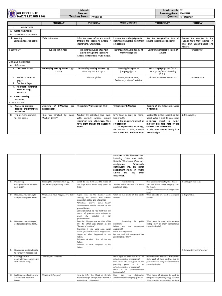 Grade 6 DLL English 6 q4 Week 1 | PDF