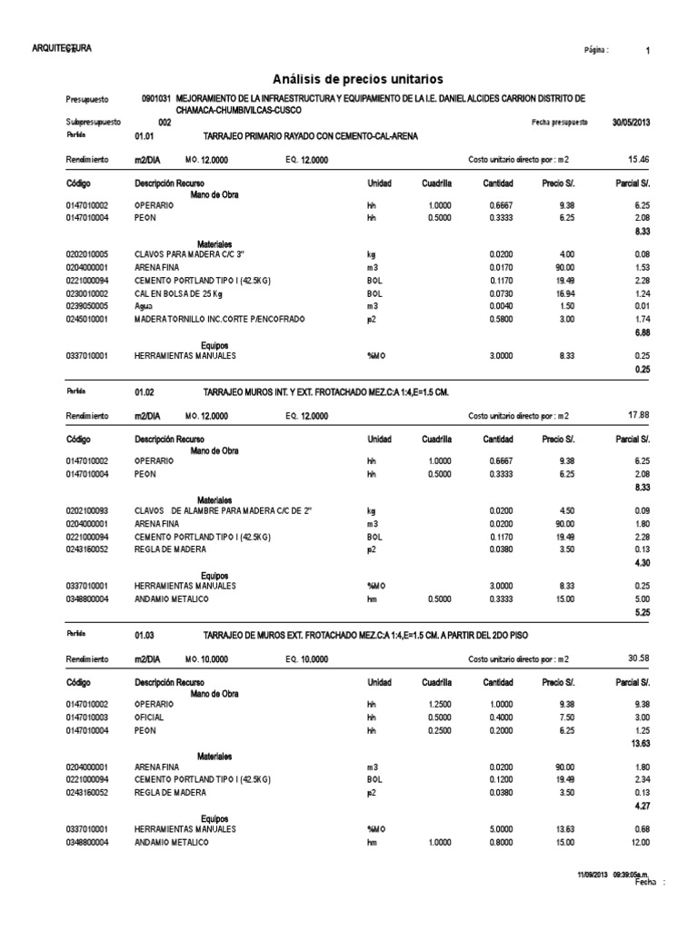 Análisis de Precios Unitarios: Página | PDF