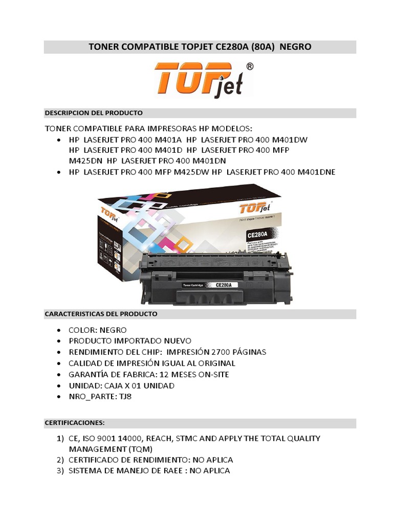 Toner Compatible Topjet Ce280A (80A) Negro: Descripcion Del Producto ...