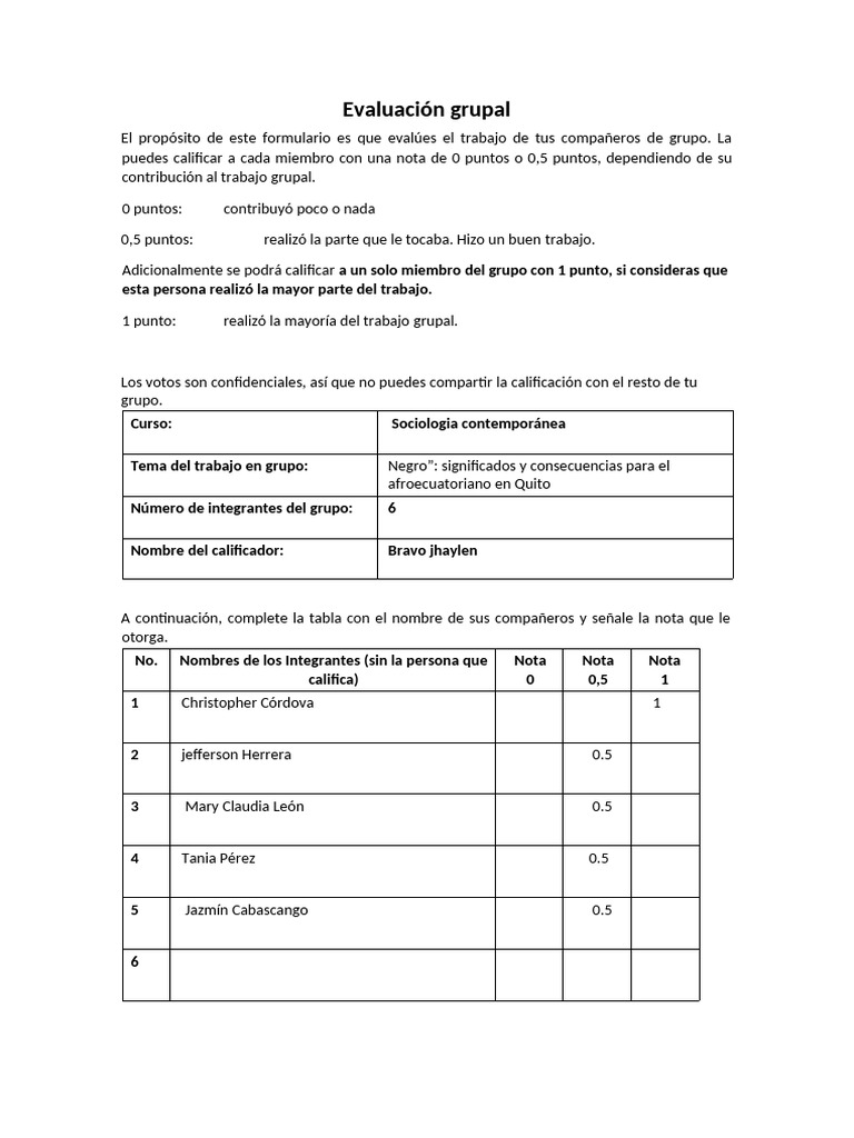 Socio Evaluación Grupal | PDF