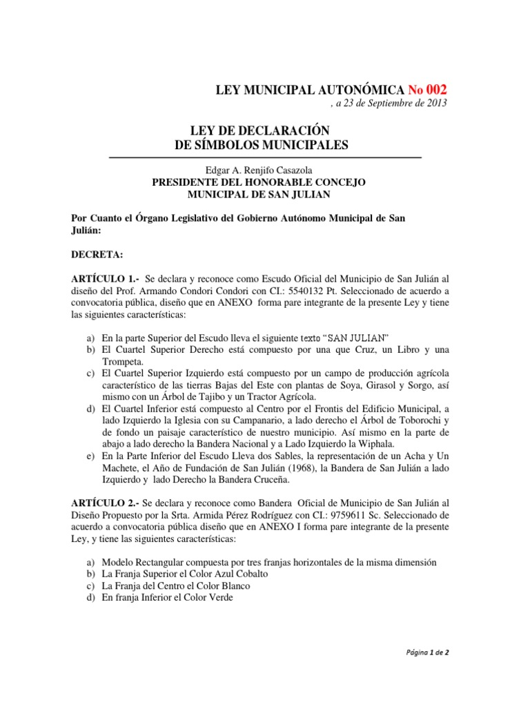 Ley Municipal 002 de Declaracion de Simbolos Municipales San Julian | PDF