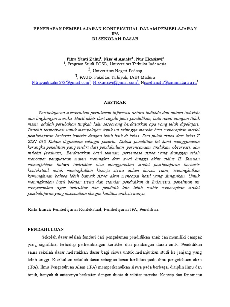 Penerapan Pembelajaran Kontekstual Dalam Pembelajaran IPA Di Sekolah Dasar | PDF