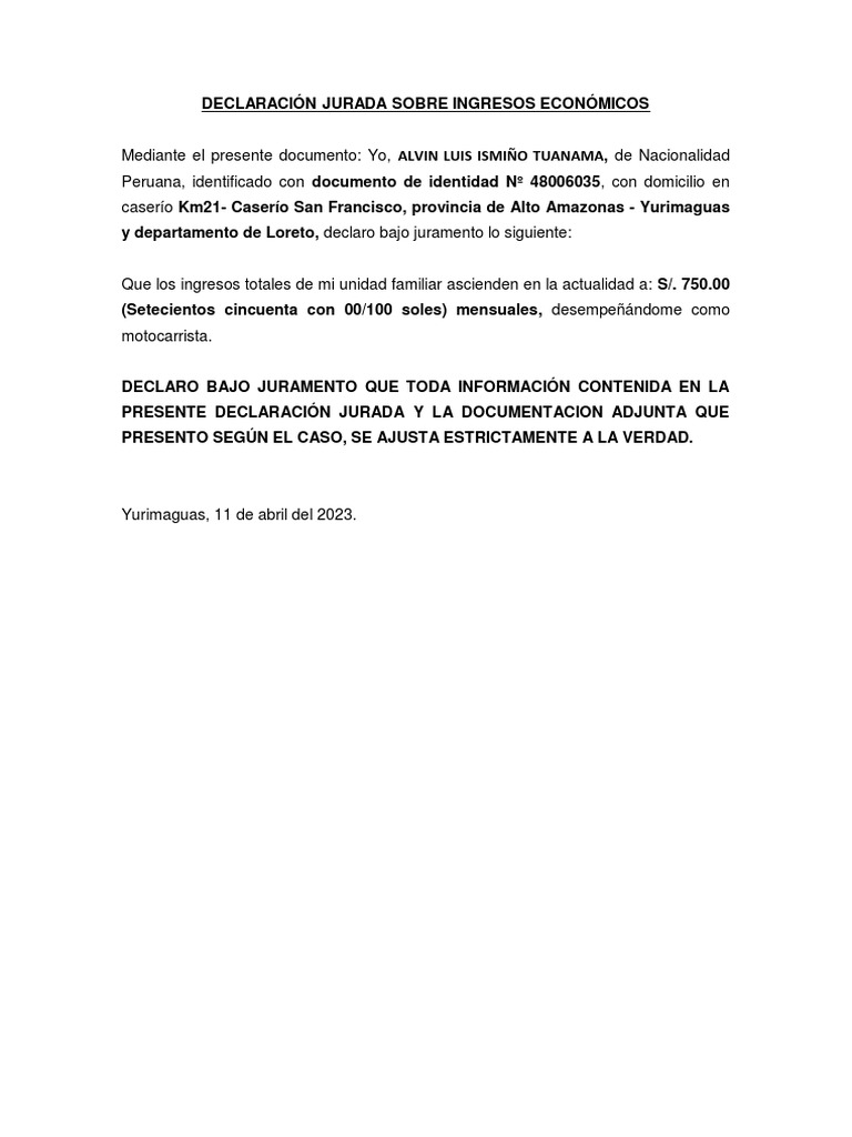 Declaración Jurada Sobre Ingresos Económicos | PDF