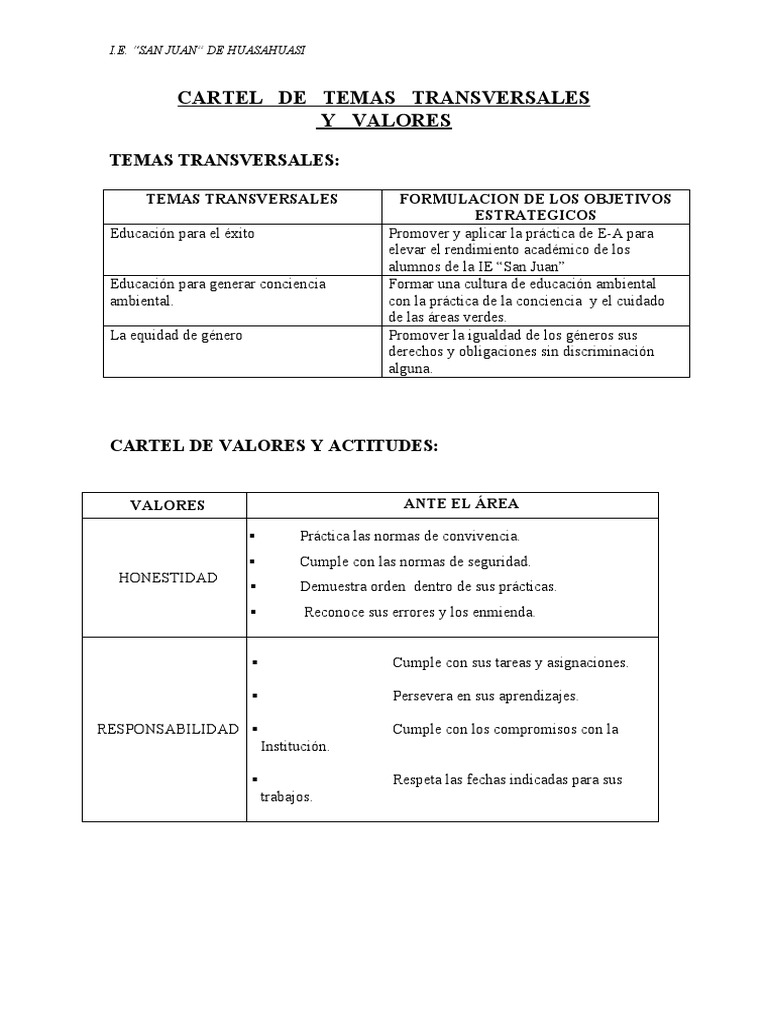 Temas Transversales y Valores en IE San Juan | PDF