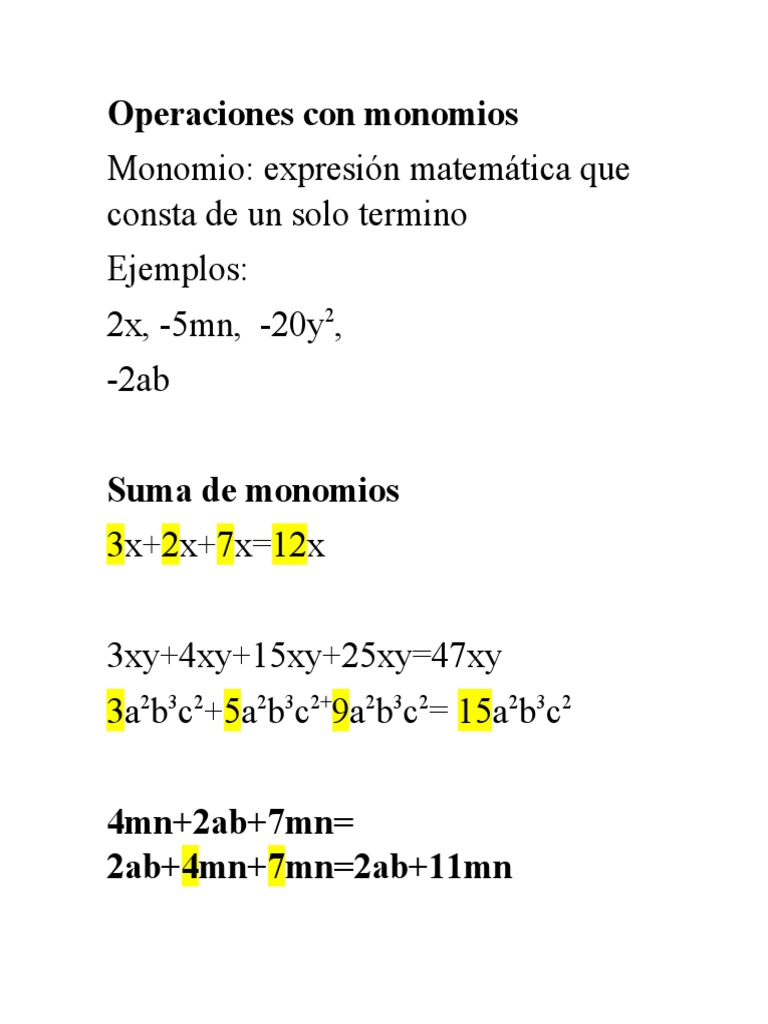 Operaciones Con Monomios | PDF