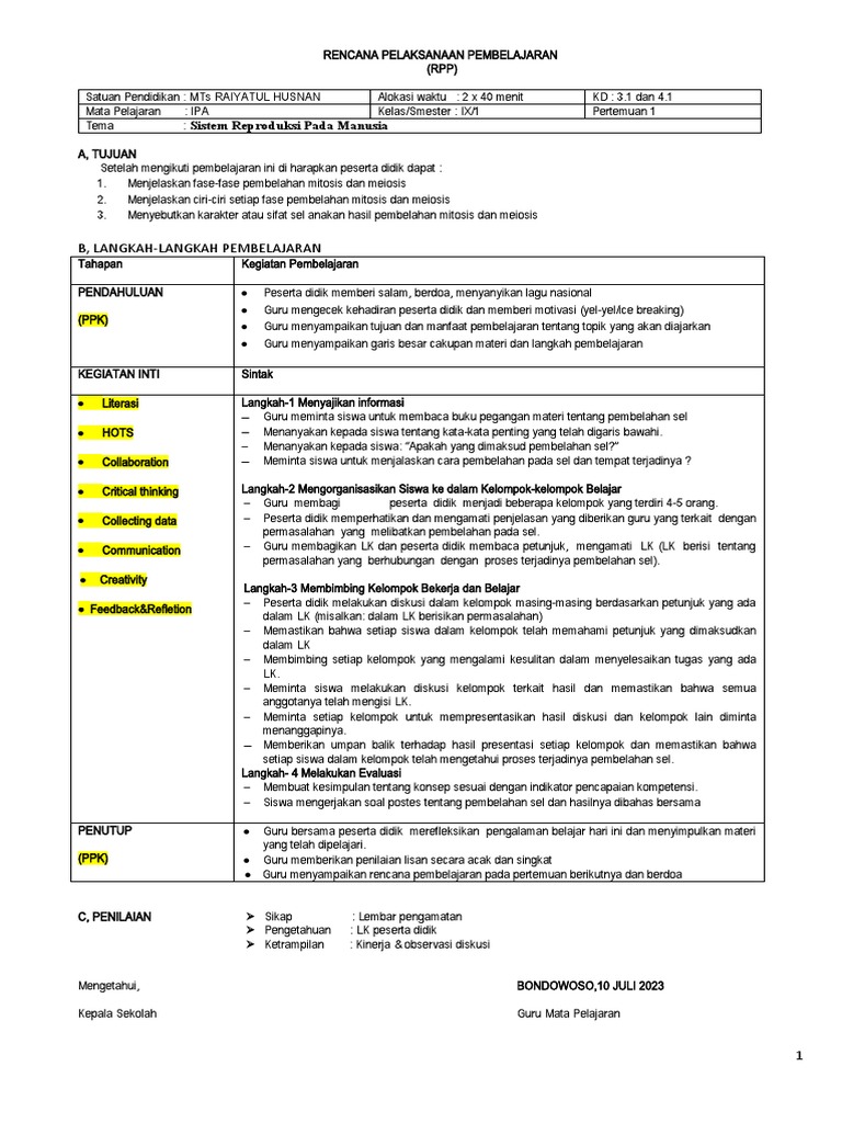 RPP 1 Lembar IPA Kelas IX Ganjil & Genap | PDF