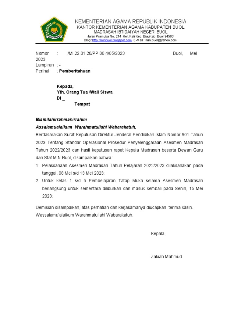 Surat Pemberitahuan Asesmen Madrasah & Libur 2023 | PDF