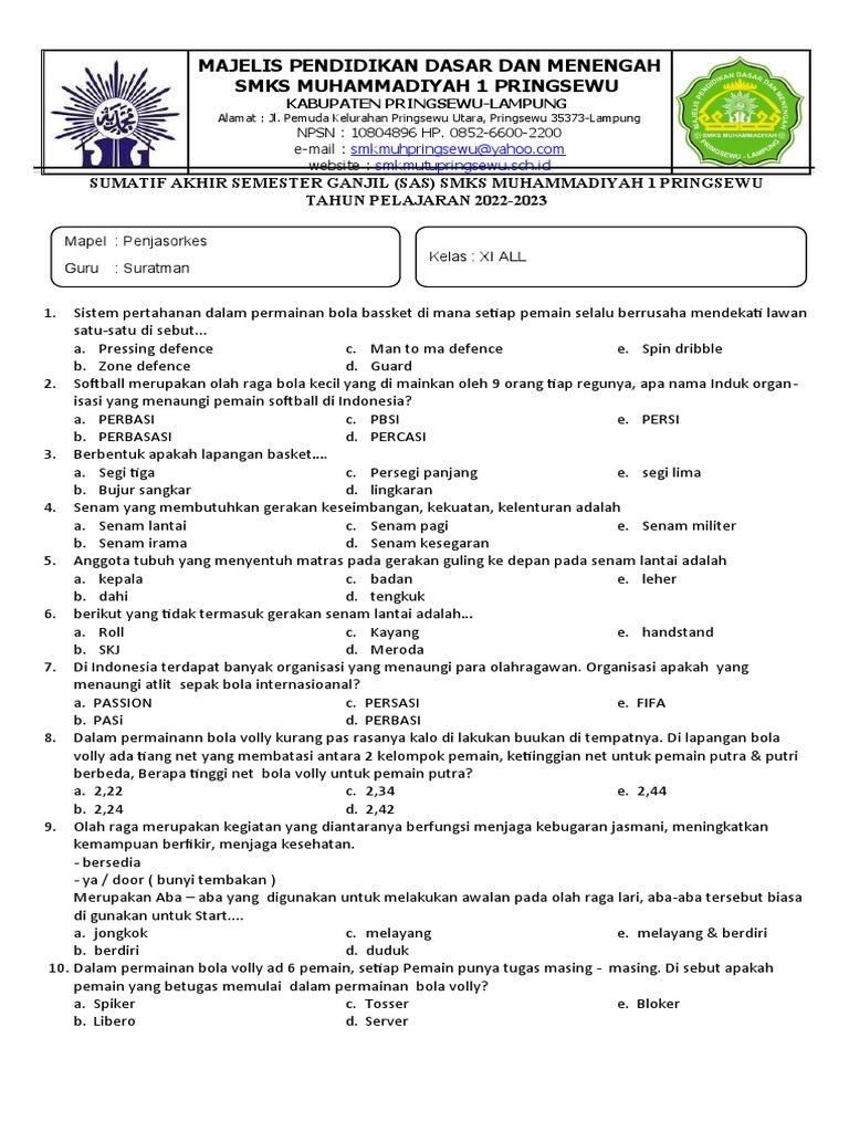 Soal Penjas KLS Xi Sas Genap 2022 | PDF