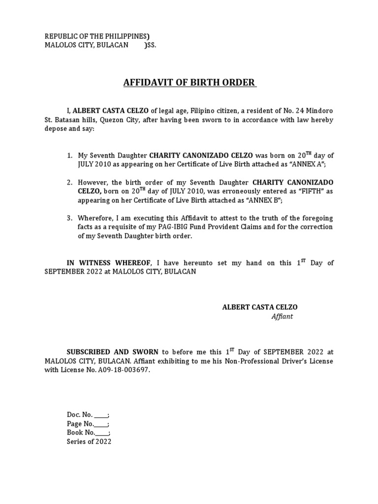 Affidavit of Birth Order Correction | PDF